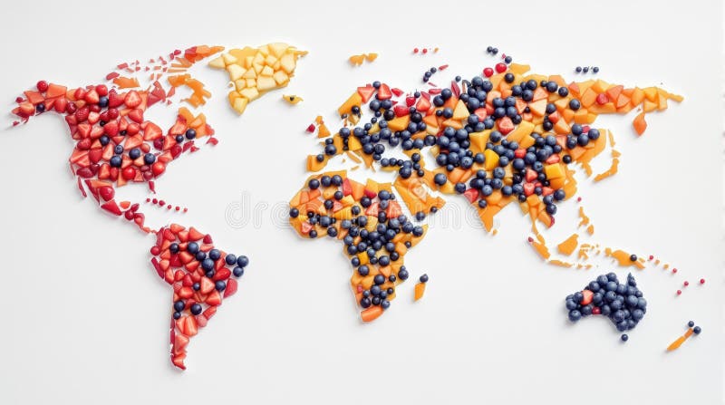 World Map Made from Pieces of Different Colored Fruits Stock ...