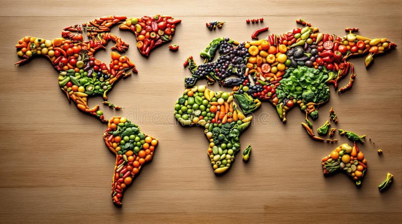 World Map Made from Pieces of Different Vegetables Stock Illustration ...