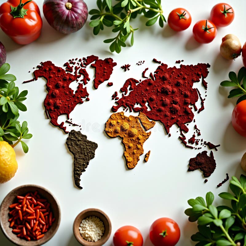 A World Map Made of Spices is Artfully Arranged on a White Surface ...