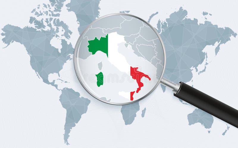World Map with a Magnifying Glass Pointing at Italy. Map of Italy with ...