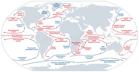 World Map of Major Ocean Currents, Warm Currents in Red, Cold Currents ...