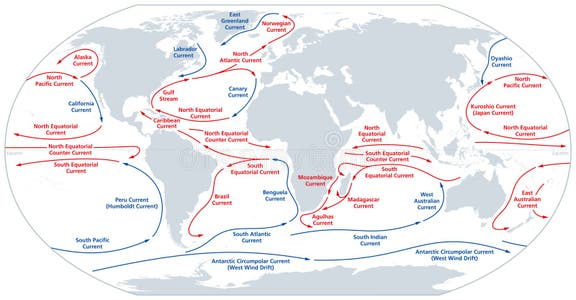 World Map of Major Ocean Currents, Warm Currents in Red, Cold Currents ...