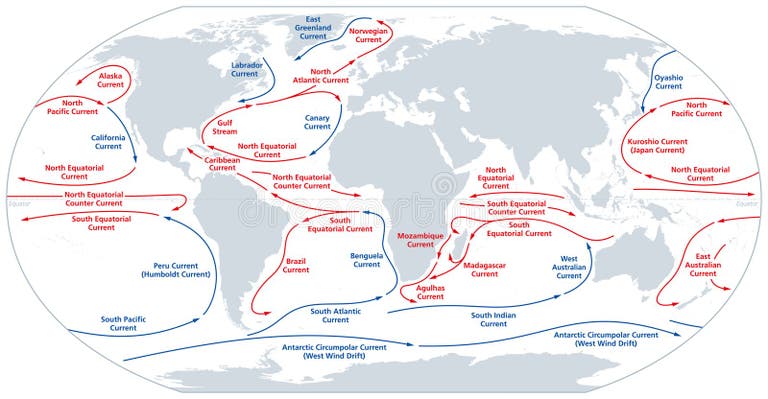 World Map of Major Ocean Currents, Warm Currents in Red, Cold Currents ...