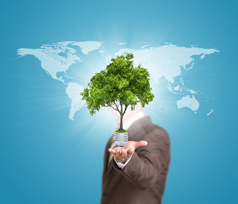 World Map and Man Hold Bulb with Tree Stock Image - Image of connection ...