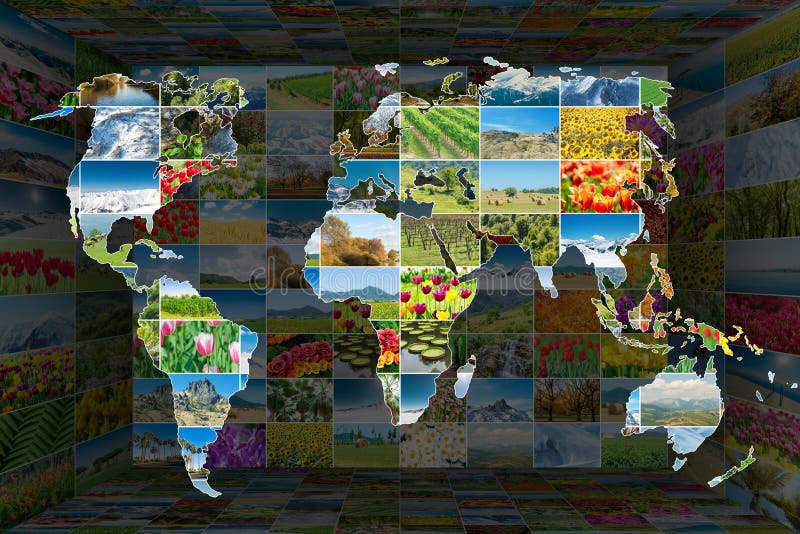 The World Map with Many Nature Photos Stock Photo - Image of composite ...