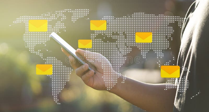 World Map Message Icons Man Hand Using Smartphone Background Stock ...
