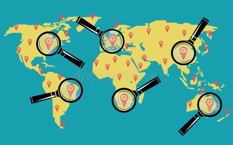 World Map with Navigation and Magnifying Glass Vector Illustration ...