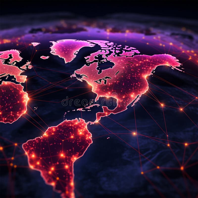 World map with purple glow stock illustration. Illustration of network ...