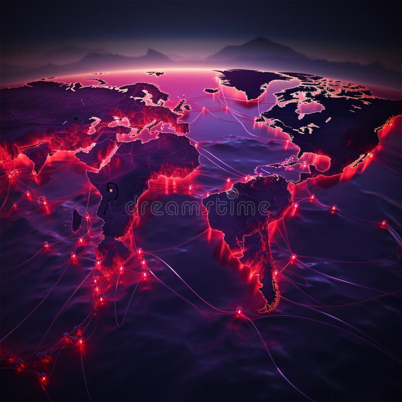 World map with purple glow stock illustration. Illustration of abstract ...