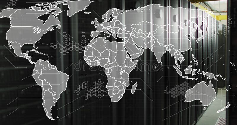 World Map with Network Connections Image Over Server Room Background ...