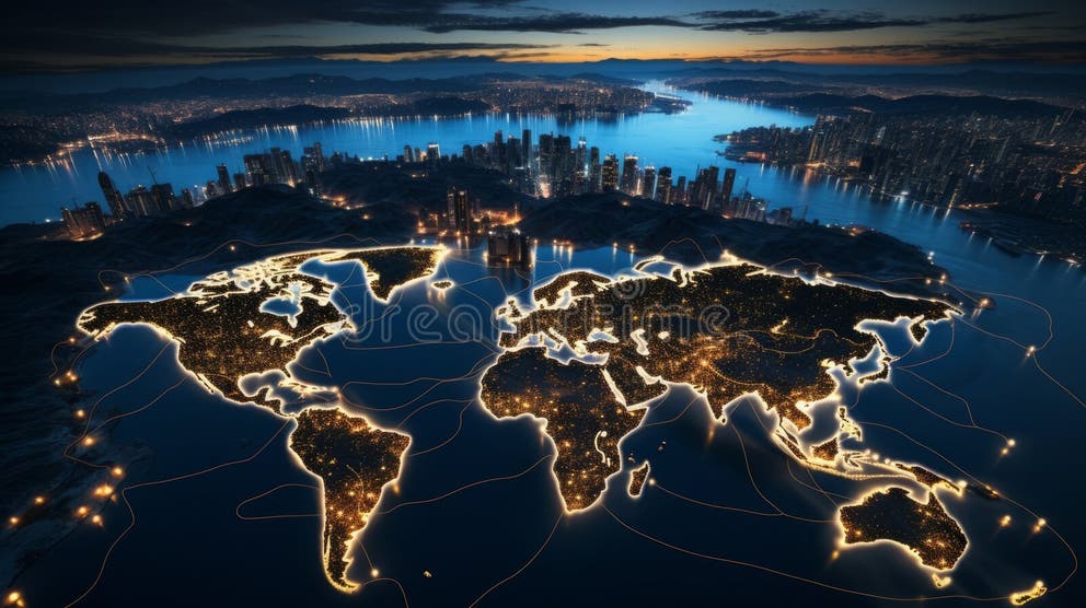 A World Map at Night, Featuring City Lights Stock Illustration ...