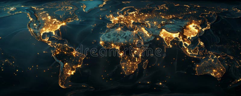 World Map at Night with Illuminated Cities, Satellite View. Global ...