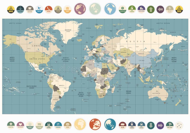World Map Old Colors Illustration with Round Flat Icons and Glob Stock ...