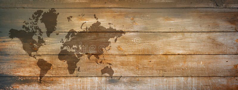 World Map on Old Wooden Wall Background. Horizontal Banner Stock ...