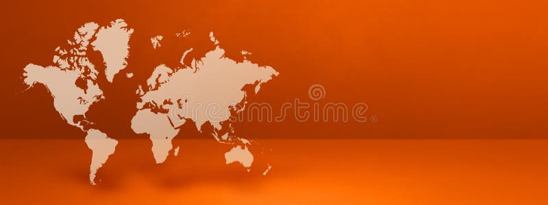 World Map on Orange Wall Background. 3D Illustration. Horizontal Banner ...