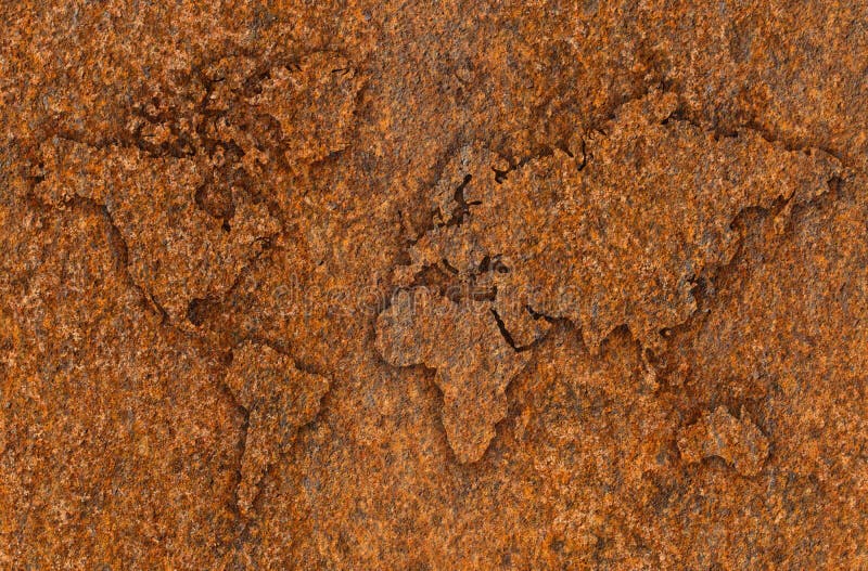 World Map Outline on Rusty Metal Surface Stock Illustration ...