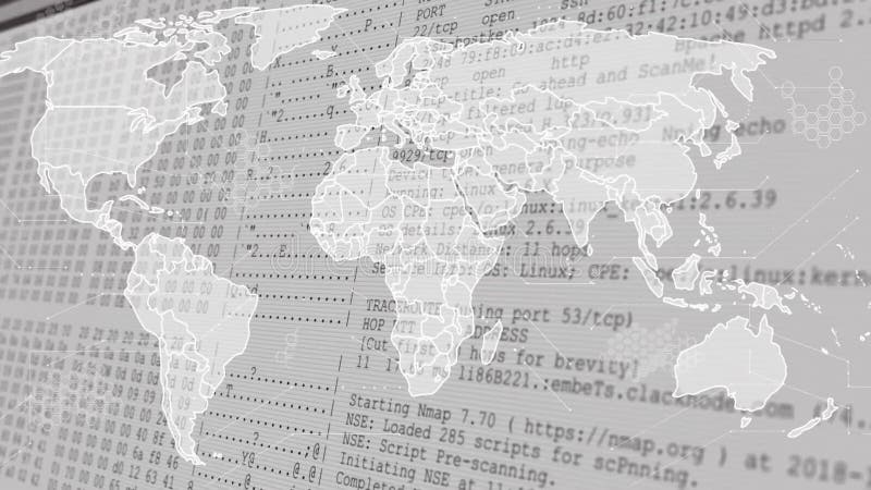 World Map Overlay Being Animated in Flat Design Interface, Showing Code Lines, Hexagon Clusters ...