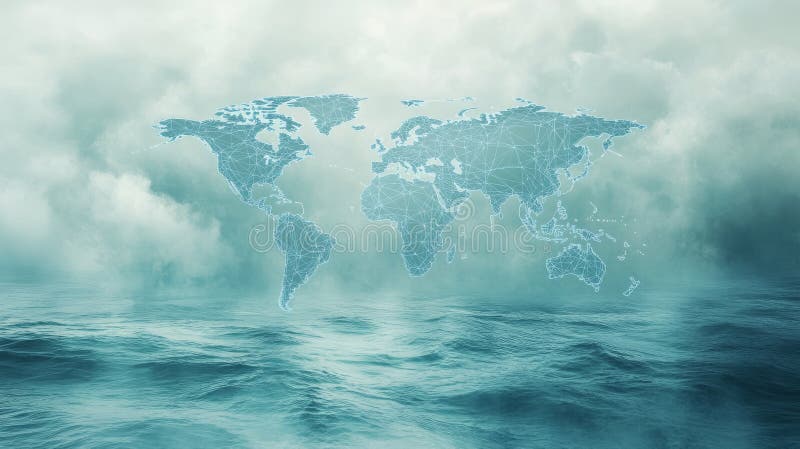 World Map Overlay on Ocean with Abstract Cloudy Sky Background Stock ...
