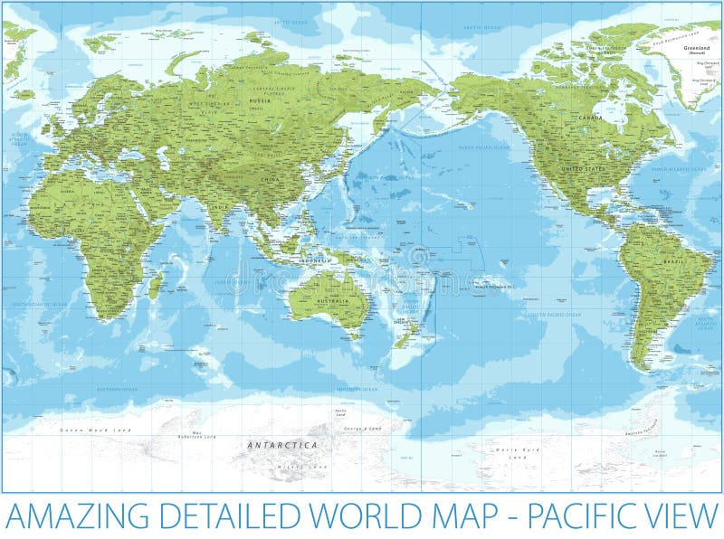 World Map - Pacific View - Relief Physical Topographic - Vector ...