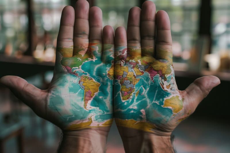 World Map Painted on Hands Symbolizing Global Unity and Responsibility ...