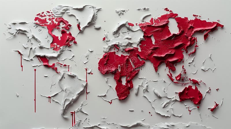 A World Map Painted in Red and White, a Textured Canvas of Global ...