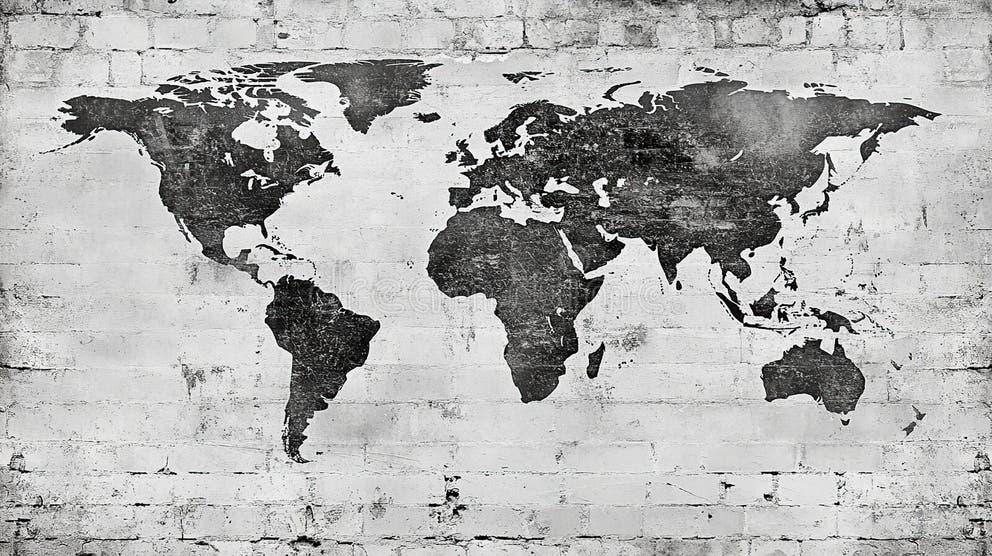 World Map Painted on a Textured Brick Wall Background Stock ...