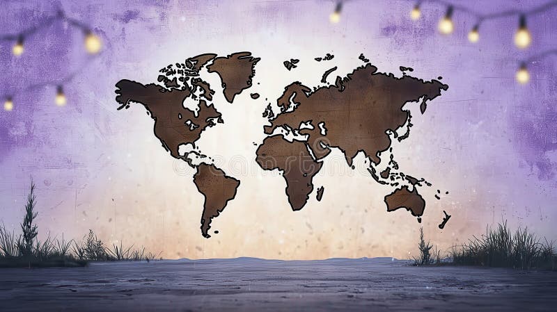 World Map Painted on Textured Violet and Light Orange Wall with String ...