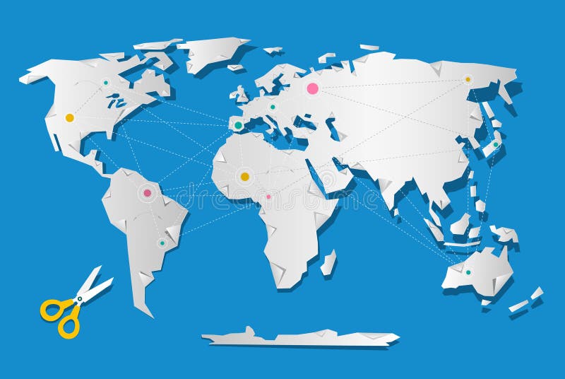 World Map - Paper Cut Continents with Points and Lines Stock Vector ...
