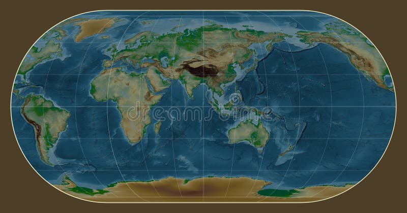 World Map. Physical. Eckert III Projection. Meridian: 90 East Stock ...