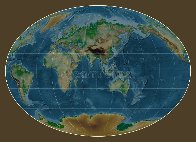 World Map. Physical. Fahey Projection. Meridian: 90 East Stock ...