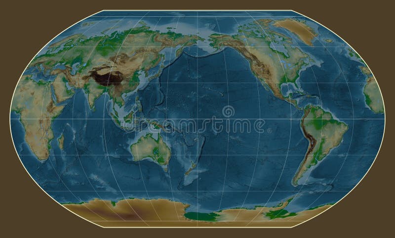 World Map. Physical. Kavrayskiy VII Projection. Meridian: 180 Stock ...