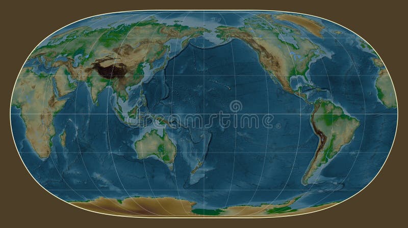 World Map. Physical. Natural Earth II Projection. Meridian: 180 Stock ...