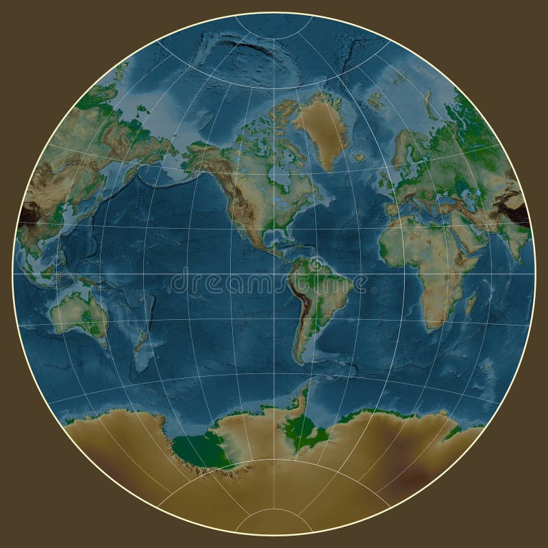 World Map. Physical. Van Der Grinten I Projection. Meridian: -90 Stock ...