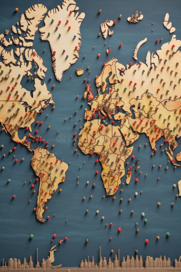 World Map with Pins Marking Famous Landmarks Stock Photo - Image of ...