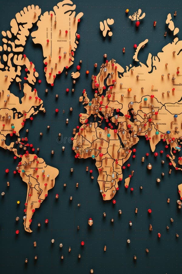 World Map with Pins Marking Famous Landmarks Stock Illustration ...