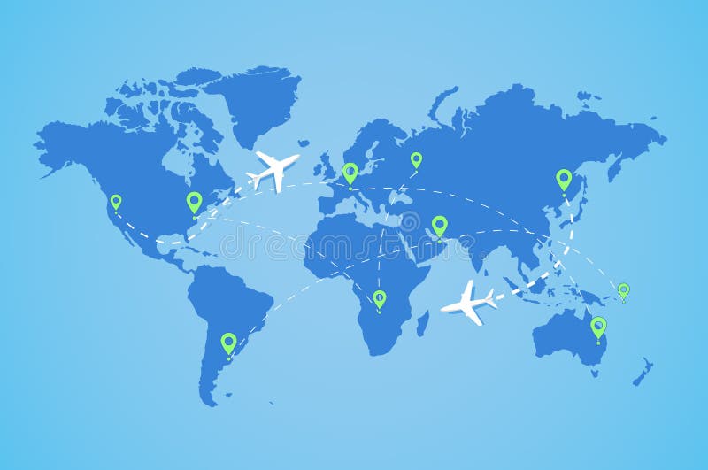 World Map with Plane. Aircraft Planes Fly Air Transportation Track ...