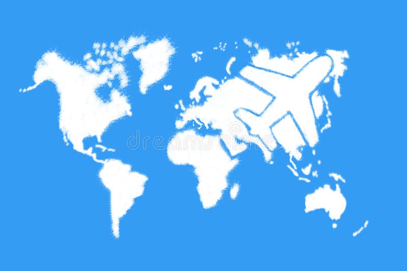 World Map and Plane Shaped Clouds Stock Photo - Image of trip, flight ...