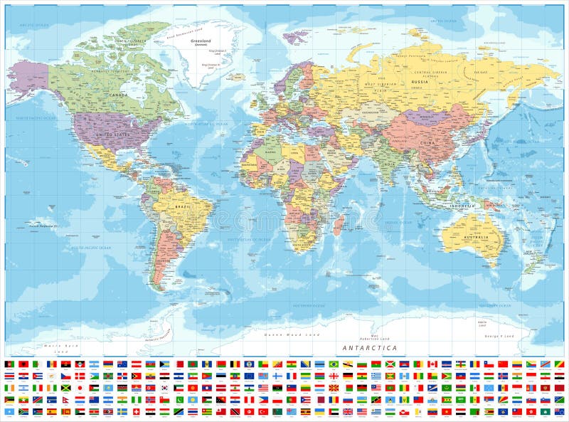 World Map Political and Flags - Detailed Illustration Stock ...