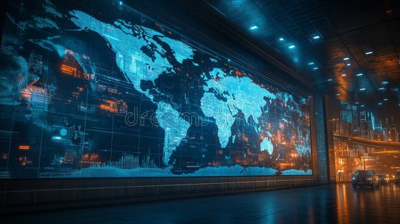 World Map Projected on a Large Surface, Showcasing Data Visualizations ...