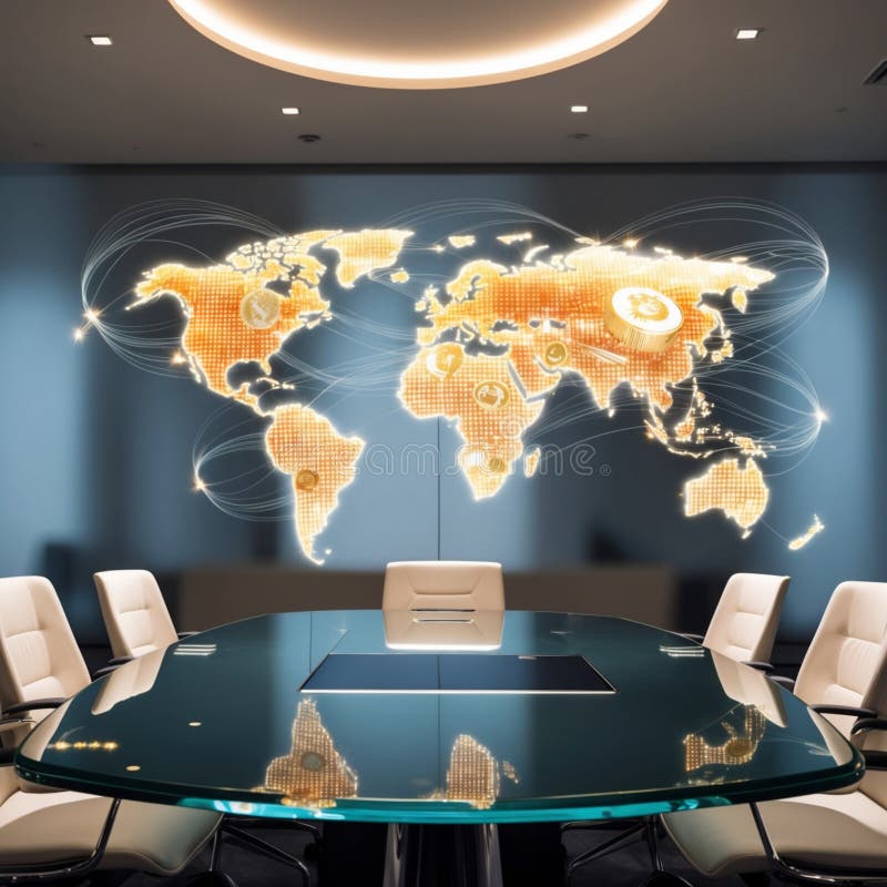 World Map Projection with Floating Digital Currency Values Stock ...