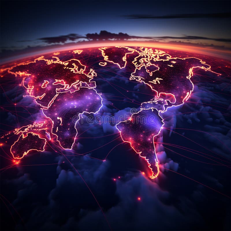 World map with purple glow stock illustration. Illustration of poster ...