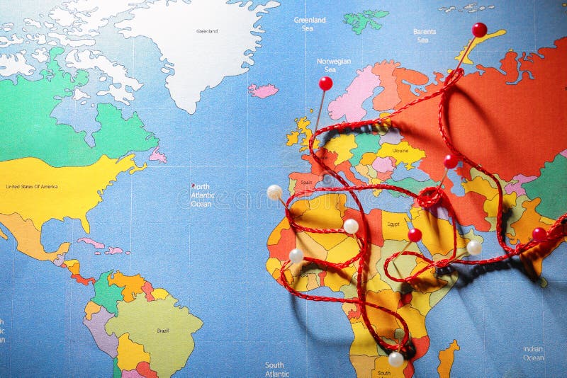 World Map with Pushpins and Rope, Top View. Travel Planning Stock Image ...