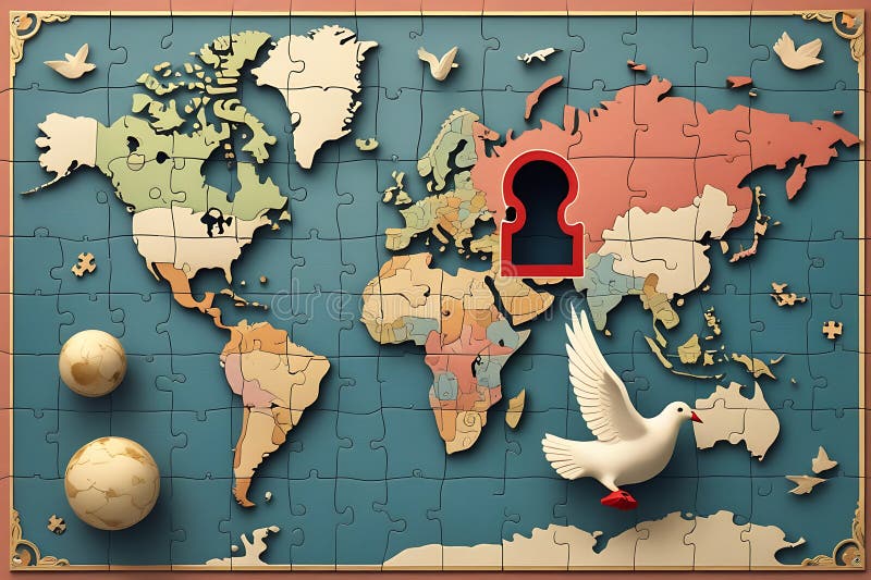 World Map Puzzle with Keyhole Dove and Globes on Blue Background with ...
