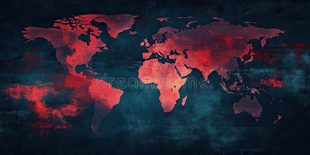 Artistic World Map Split between Blue Western Hemisphere and Red ...