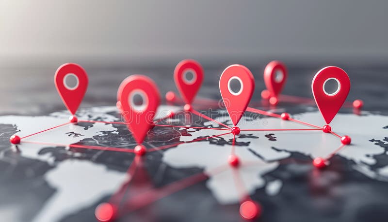 World Map with Red Location Pins Connected by Lines, Representing ...