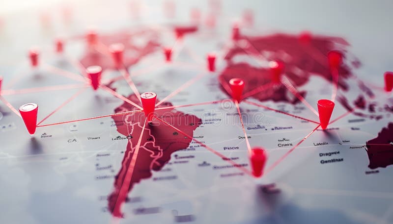 World Map with Red Location Pins Connected by Lines, Representing ...