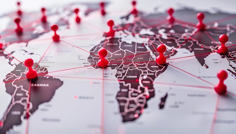 World Map with Red Location Pins Connected by Lines, Representing ...