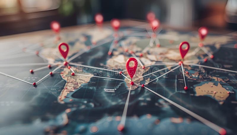 World Map with Red Location Pins Connected by Lines, Representing ...