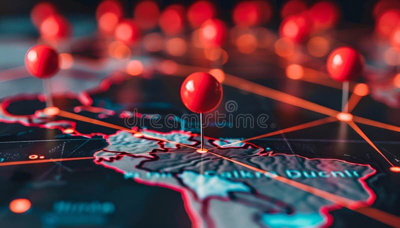 World Map with Red Location Pins Connected by Lines, Representing ...