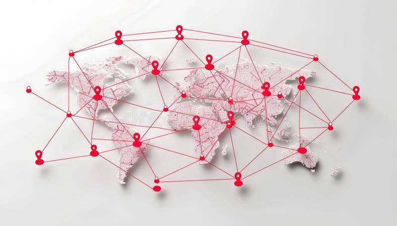World Map with Red Location Pins Connected by Lines, Representing ...